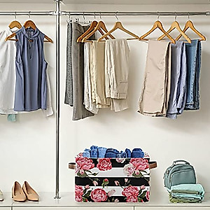 Oyihfvs Floral Peony and Roses Flowers On Black White Stripes Square Shelves Storage Basket Bin, Waterproof Laundry Hamper Bucket, Baby Nursery Organizer with Handles for Toys Clothes Room Closets