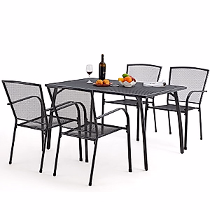 AECOJOY Metal Outdoor Table and Chairs Patio Dining Table Set for 4 Outside 51" Dining Table with Umbrella Hole Rectangle Table and 4 Stackable Chairs, Patio Furniture Set for Garden Backyard Balcony