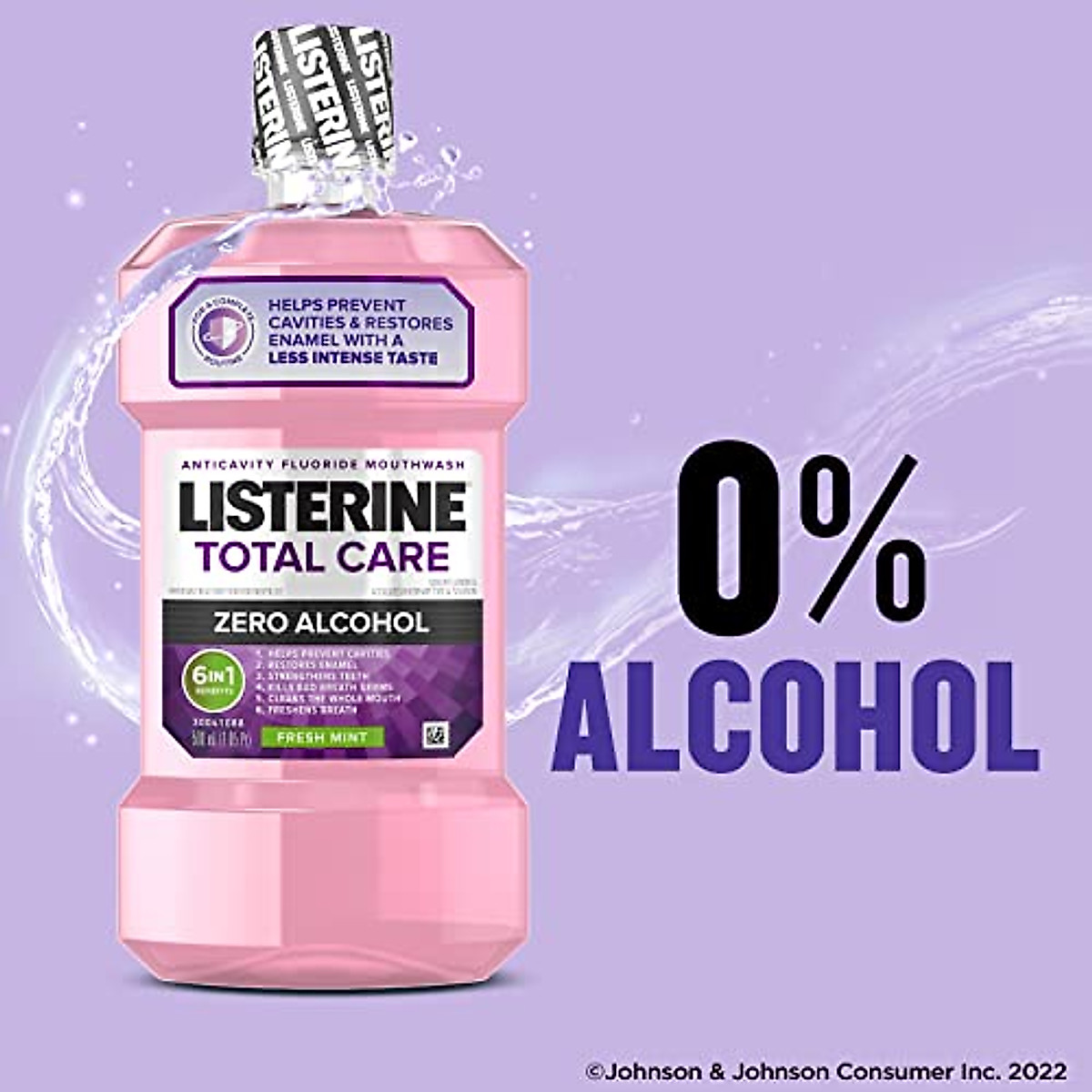 Listerine Total Care Alcohol-Free Anticavity Fluoride Mouthwash, 6 Benefit Oral Rinse to Help Kill 99% of Germs That Cause Bad Breath, Strengthen Enamel, Fresh Mint Flavor, 16.9 Fl Oz (Pack of 1),