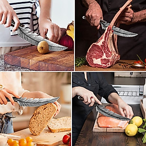 AIRROAD Feather Carving Knife,8 inch Boning Butcher Knife for Meat Cutting, Hand Forged High Carbon Steel Viking Fillet Knife for Brisket Outdoor Camping BBQ Cooking Knife with Sheath Gift for Dad