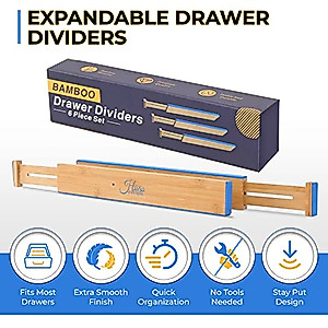 Hugs & Kitchens Bamboo Drawer Dividers - Adjustable, Expandable Kitchen Drawer Organizer for Kitchen Utensils, Clothes, Office Drawer Separator (6pcs)