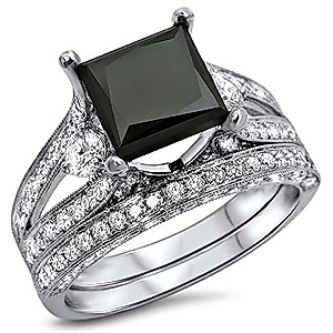 3 Ct Princess Cut Black & White Diamond Vintage Engagement Ring Bridal Wedding Set 14k White Gold Plated 925 Sterling SIlver6.5