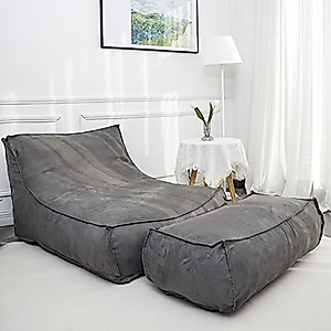 N&V Giant Foam Filling Floor Sofa, Extra Large High Density Foam Bean Bag, Faux Chamois Cover, Independent Linen (Grey, with Ottoman)