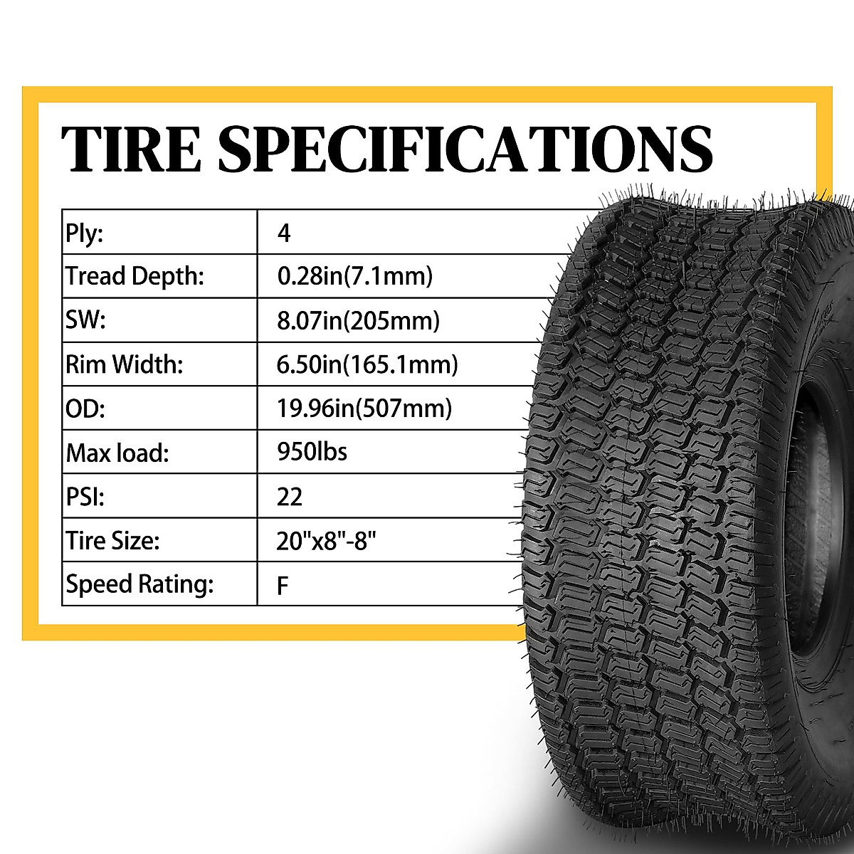 MOTOOS 20x8.00-8 Lawn Mower Garden Tractor Golf Cart Tires 20x8.00x8 Tubeless Turf Tires 4 Ply Load Range B Pack of 2