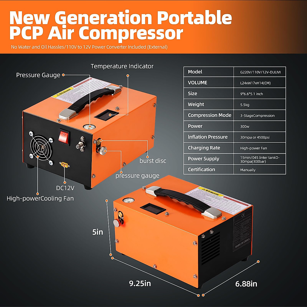 Generic Portable household, outdoor 12V air compressor 110V/, 4500Psi/30Mpa/300Bar