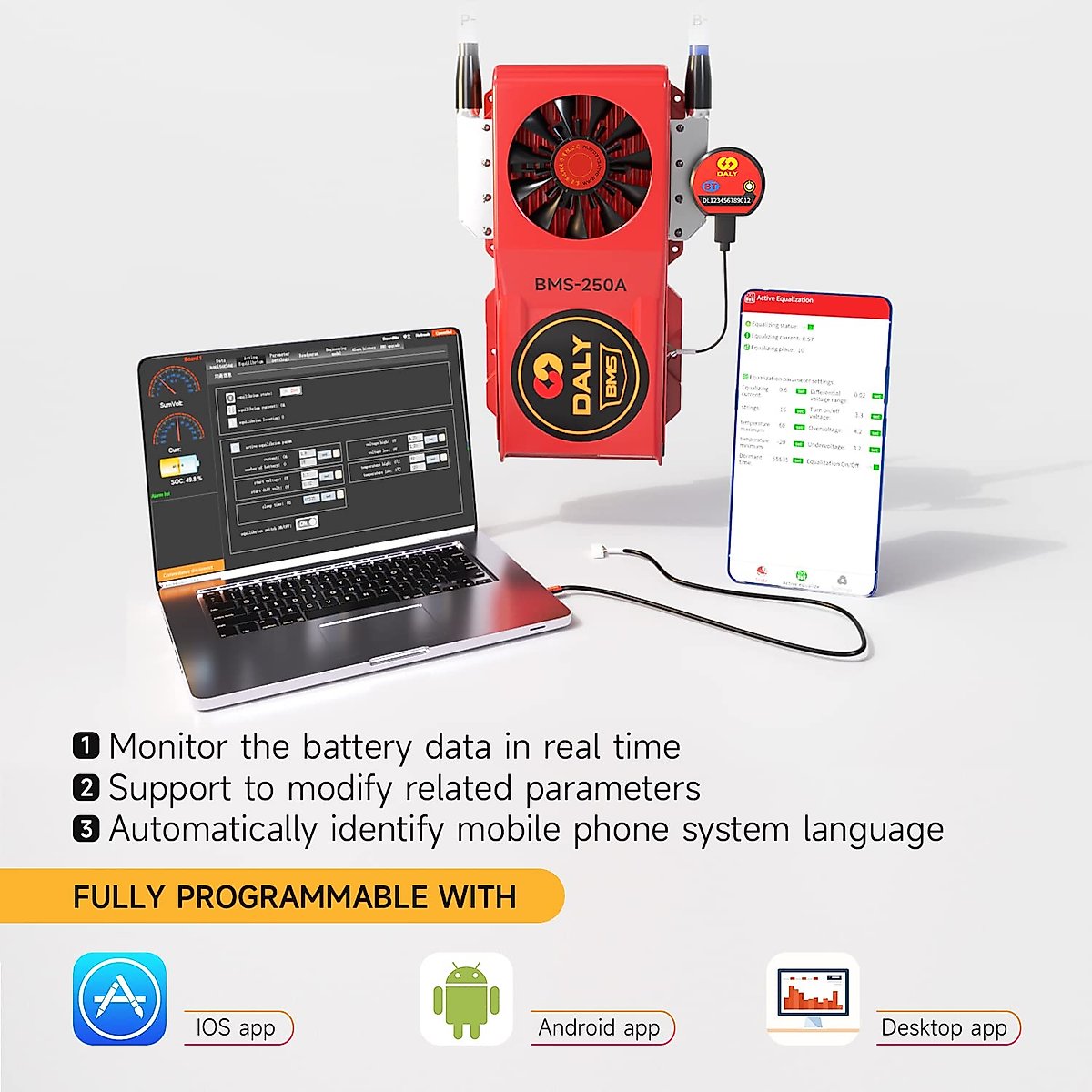 DALY Programmable Configurable Smart BMS with UART 16S 48V 250A LiFePO4 Battery Protection Module with Bluetooth PCB Protection Board with Balance Leads Wires BMS 48V with Cooling Fan