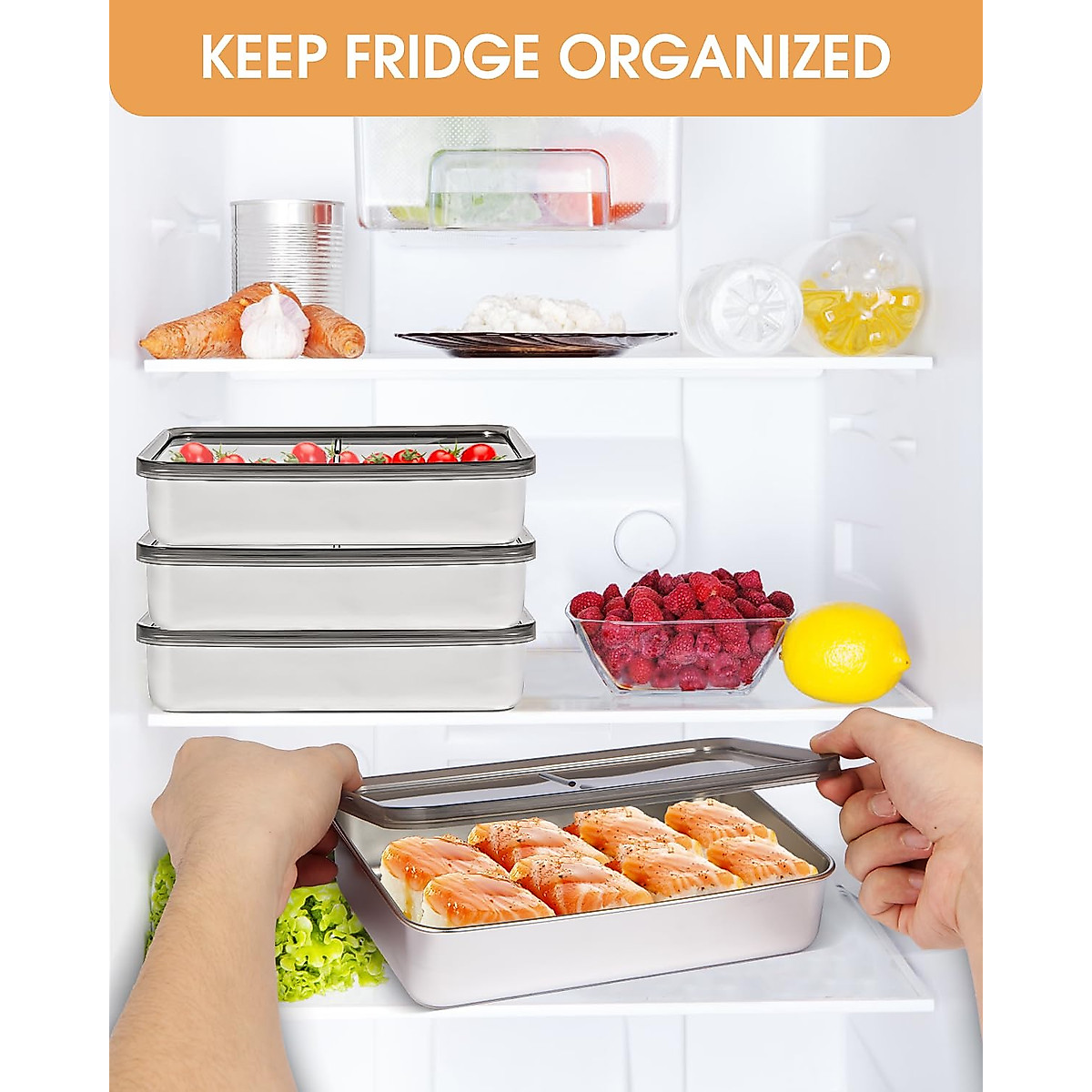 LayaVilla 1PCS Cheese Container for Fridge, 304 Stainless Steel Deli Meat Container for Fridge with Ridged Bottom, Food Storage Containers with Lids (1PCS Cheese Container- 27 FL OZ)