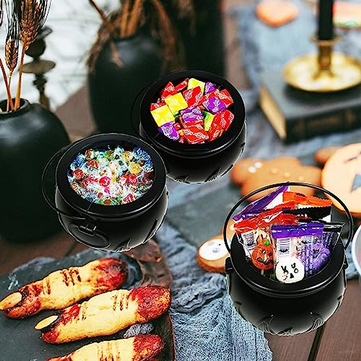 Darnassus Halloween Cauldron On Rack,Set Of 3 Witches Cauldron Serving Bowls Halloween Candy Bowl,Plastic Black Cauldron Halloween Decor Halloween Party Decoration