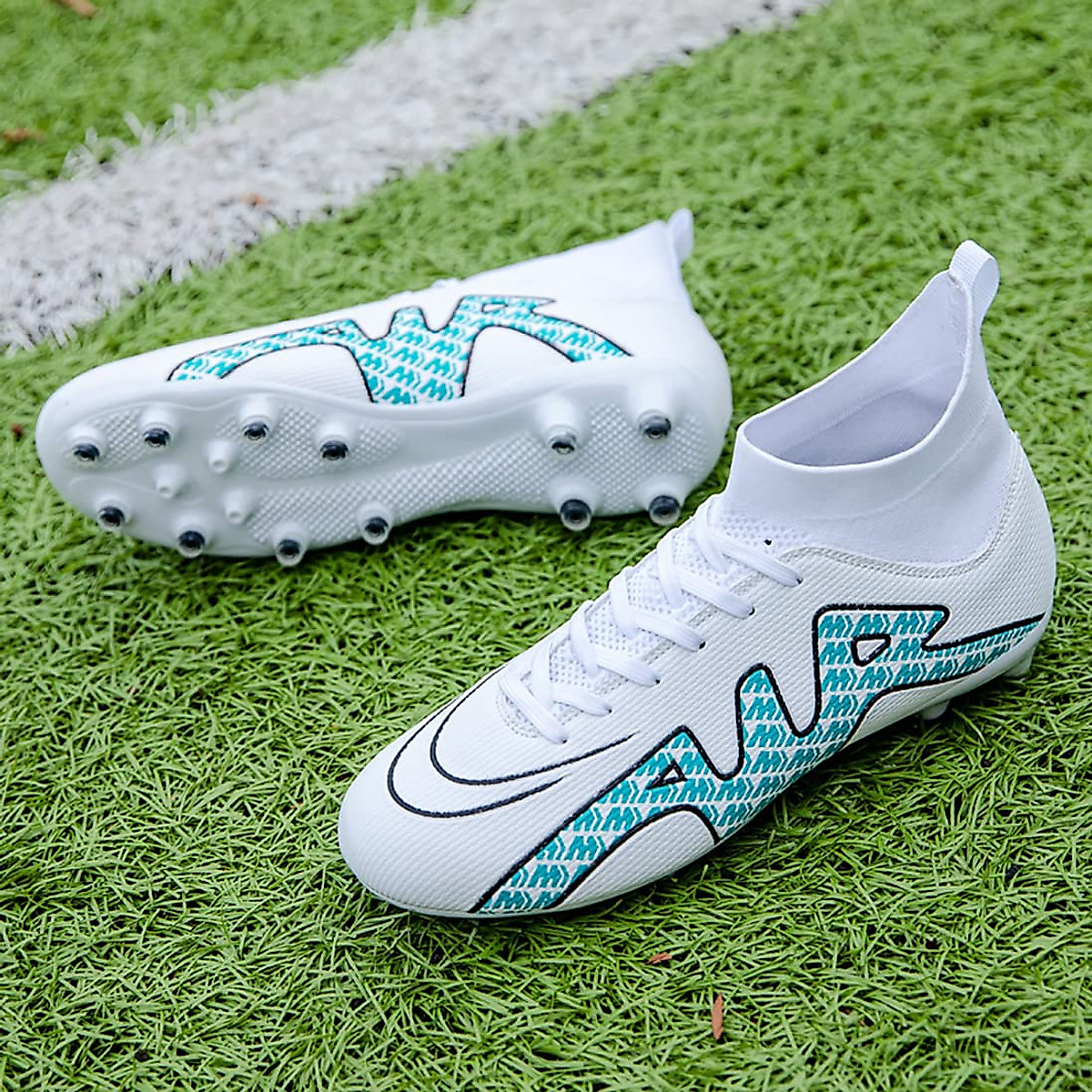 Migoldhot Football Cleats Running Shoes Womens Comfort Soccer Shoes Soccer Boots White Blue