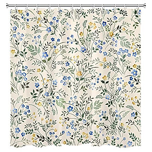 LB Country Wildflower Shower Curtain Decor,Blue and Yellow Floral Green Leaf Plant on Beige Shower Curtain for Bathroom 72X72 inch Polyester Fabric Bathroom Decoration Bath Curtains Hooks Included