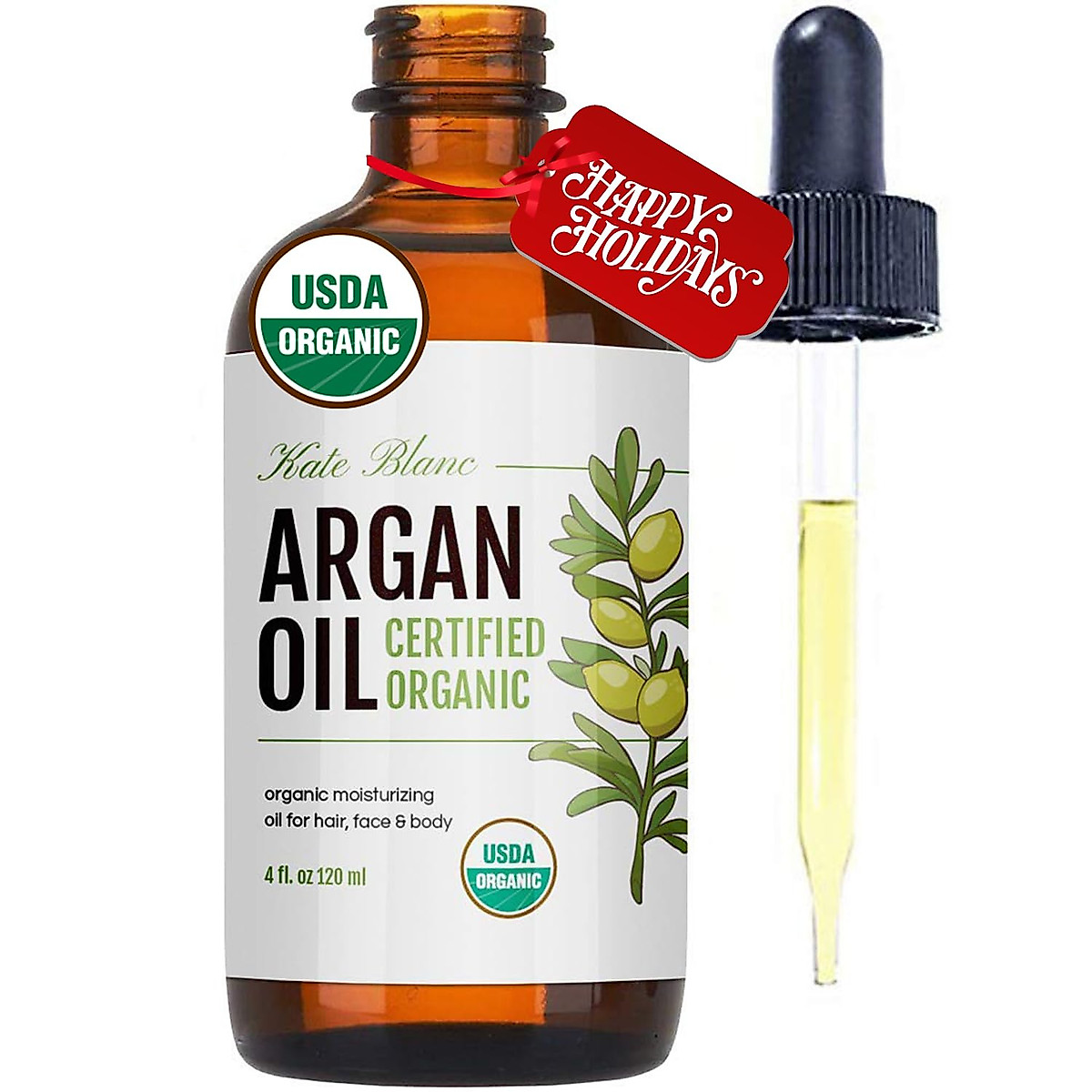 Kate Blanc Cosmetics Argan Oil for Hair, Face & Skin from Morocco. Promotes Hair Growth (4oz, USDA Certified Organic, Cold Pressed & 100% Pure)