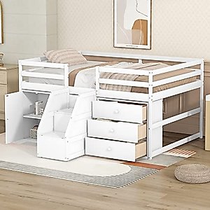 BIADNBZ Versatile Low Loft Bed Full Size, Wood Loftbed Frame with Storage Drawers and Cabinets, Hanging Clothes at The Back of The Staircase, for Kids Teens Boys Girls Bedroom,White