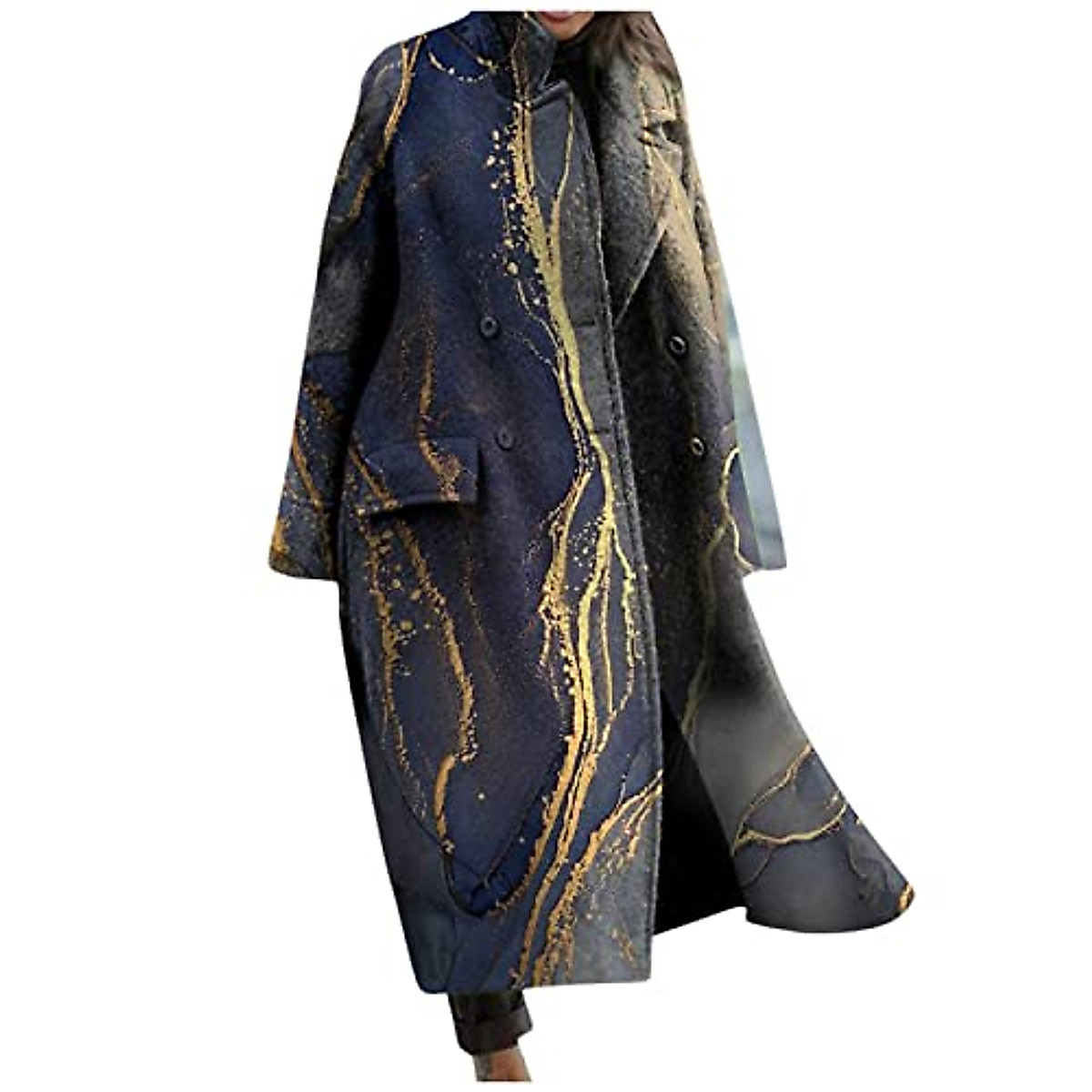 Long Puffer Coat Women, Winter Fashion Printed Pocket Sleeve Lapel Woolen Overcoat Womens Women'S Jackets Eiderdown Chamarras Para Mujer 3X Outerwear-Full (XL, Blue)
