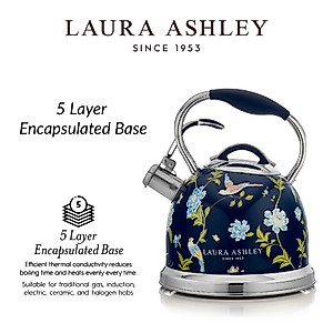 VQ Laura Ashley Elveden Navy 3L Stainless Steel Tea Kettle Stovetop Whistling Teapot for Induction, Gas Hob or others. Silicon Coated Cool Handle & Push Button Mechanism Vintage Stove Top Kettle