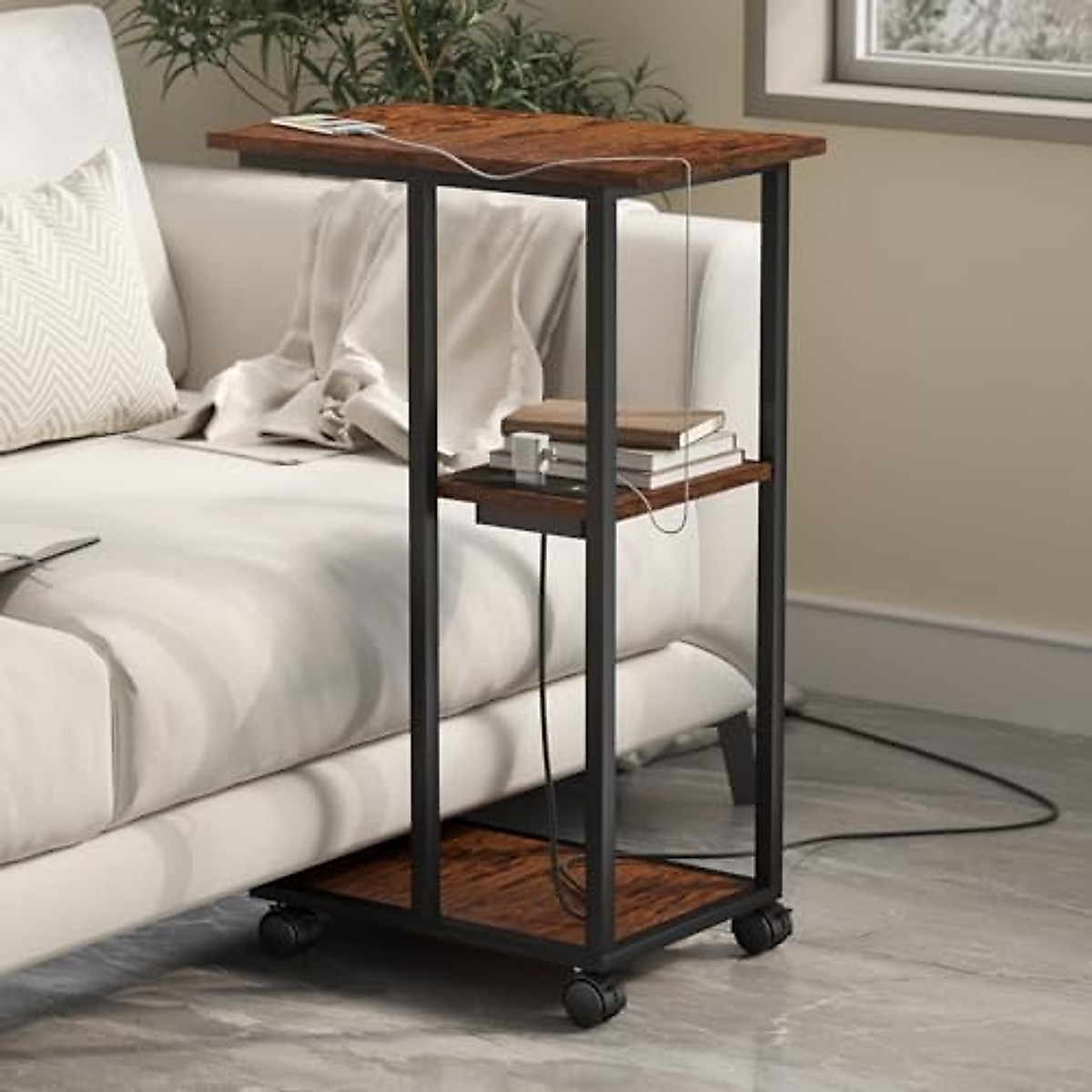 Homsorout C Shaped End Table - C Table on Wheels - Bedside Table with Wheels, Power Outlet and USB - Sofa Table for Living Room, Bedroom, Small Spaces - 27.2'' High, Brown