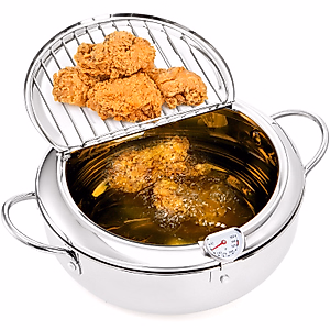Yopay Deep Fryer Pot 304 Stainless Steel, 3.2L Frying Chicken Pot with Thermometer Control and Lid, Japanese Style Tempura Fryer Pot