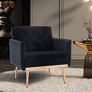 SSLine Modern Upholstered Velvet Accent Armchair Button Tufted Single Sofa Chair for Living Room Mid-Century Home Office Guest Arm Chair with Rose Gold Metal Legs (Black)