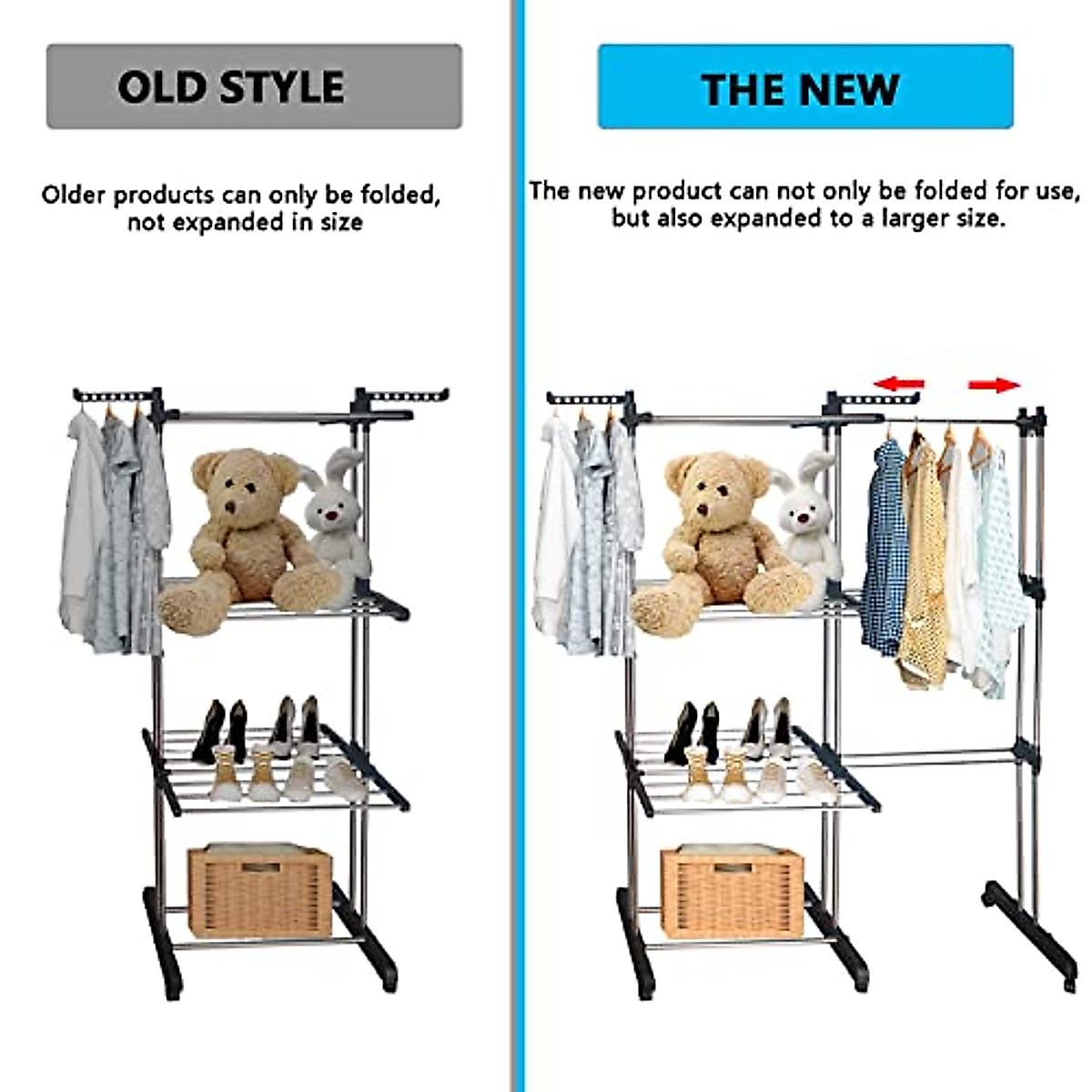 Drying Rack Clothing,Clothes Drying Rack with Casters,4-Tier Expandable Clothes Horses Rack,Collapsible Laundry Drying Rack,Movable Air Drying Rack,Oversized Laundry Racks for Indoor Outdoor