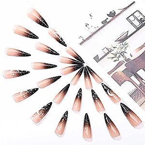 Acenail Extra Long Stiletto Press on Nails Glitter Glossy Moon Star Fake Nails French Clear Ombre False Nails Rhinestones Designs Acrylic Artificial Full Cover Nail Accessories for Women and Girls 24Pcs (Stiletto A)