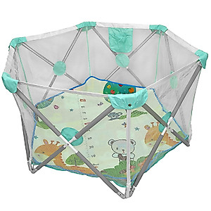 HTTMT- Hexagon Safety Playpen Portable Foldable Mesh Playard Infants Baby Toodler Animals Fence w/Travel Bag Nursery Furniture for Indoor Outdoor - Tif Blue