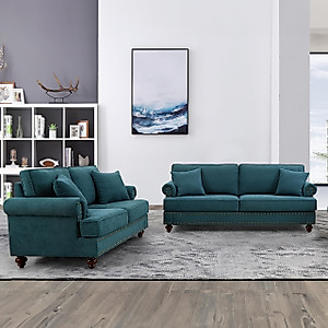 Asucoora Rolled Arm Chenille Upholstered Loveseat, 2-Seater Sofa Couch with Nailhead Trim and 2 Pillows Green