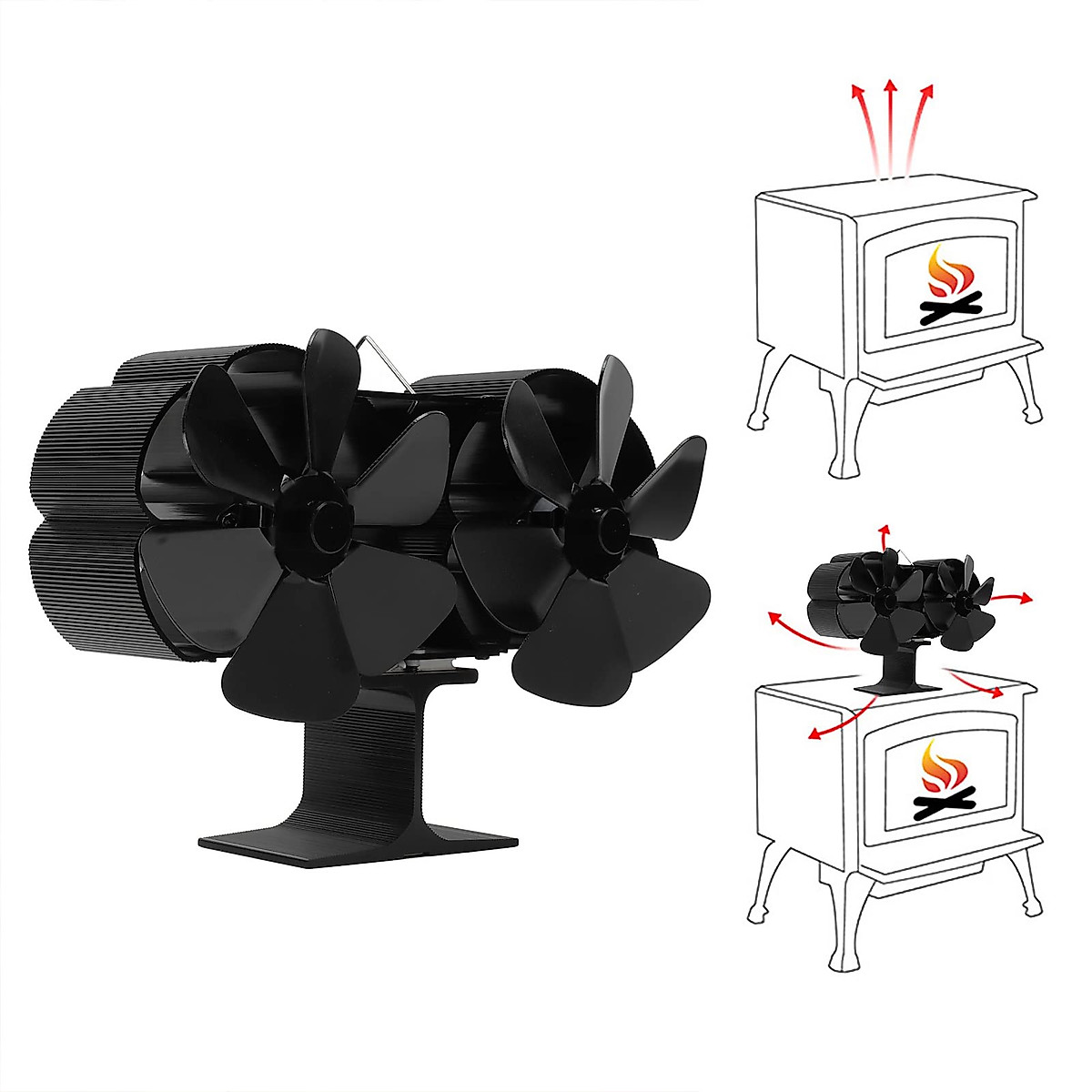 Topyond Wood Stove Fan, Dual Heads Powered Fireplace Fan with 6 Blades, Silent Operation, Heat Powered Stove Fan for Wood Burner and Log Fireplace