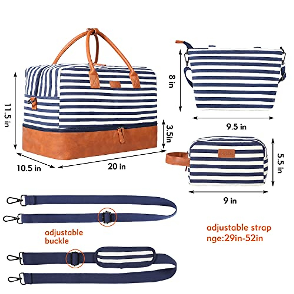 Oflamn Weekender Overnight Bag for Women with Shoe Compartment, Travel Duffle Bag Set with Hand Tote Bag & Toiletry Bag (Blue Stripes)