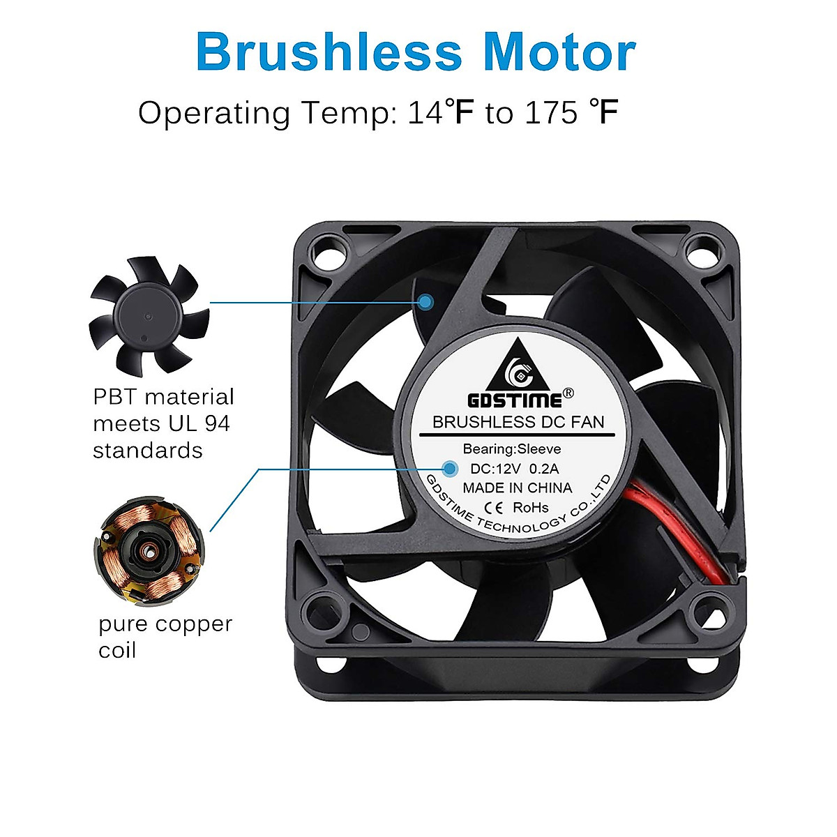 GDSTIME Dc 12V 60mm 6cm 60x60x25mm 2 Wire Brushless Cooling Fan