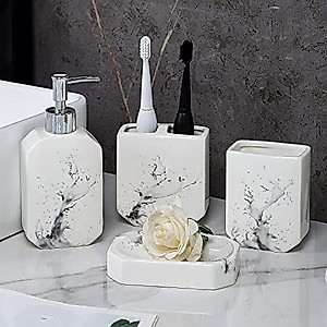 BASDHE Bathroom Accessories Set 5 Pcs - Lotion Soap Dispenser,Toothbrush Holder,Rinsing Cup, Soap Dish,Rectangular Trash Can Storage Bin, House Decor (Grey)