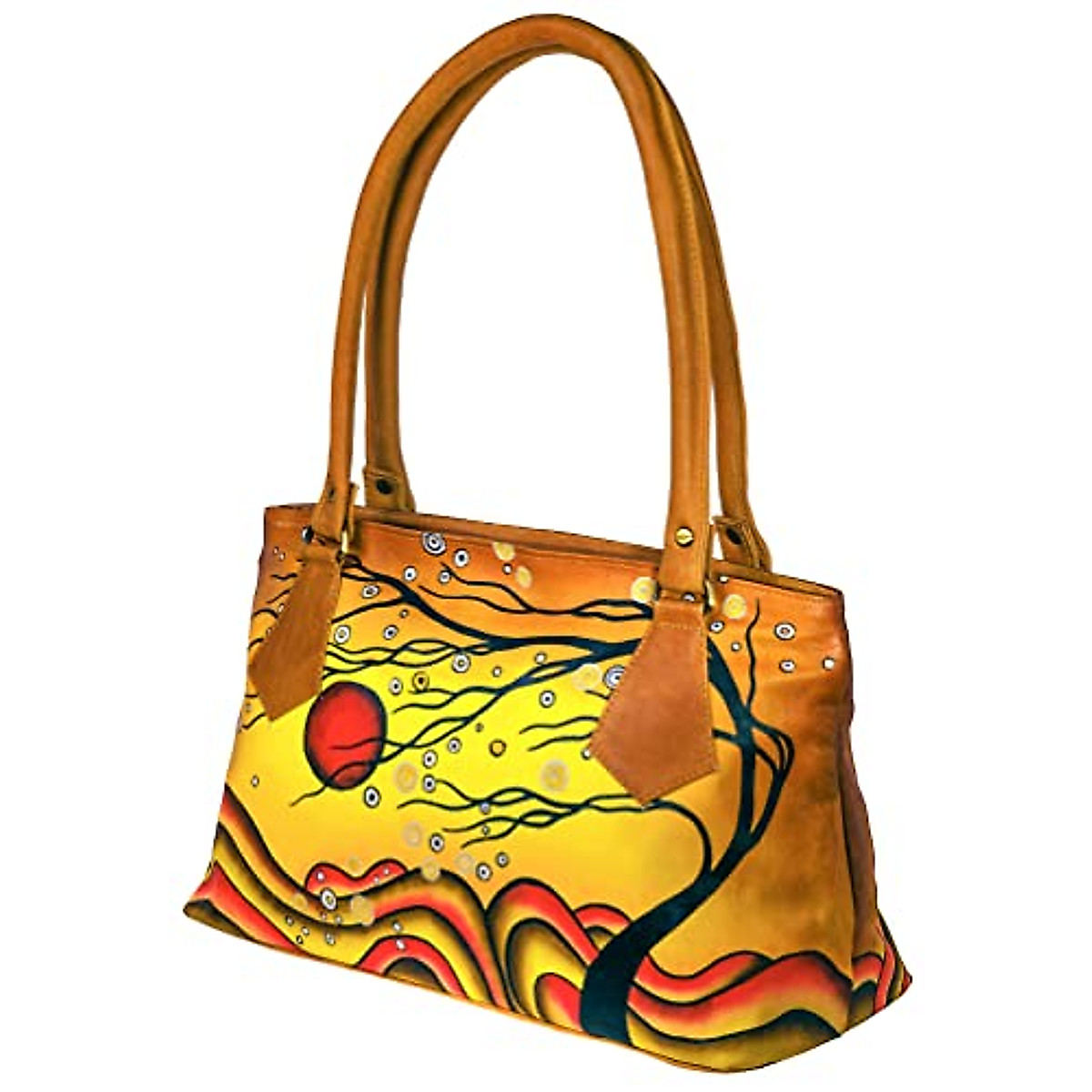 Evi's Bags Women's Hand Painted Genuine Leather Handbag - Shoulder Bag - Hobo, by Evi's Bags. Unique, Large, Handmade Purse - Satchel - Tote. Wearable Art - “Sun & WindIn Bag, Tan, Yellow, Red, Black