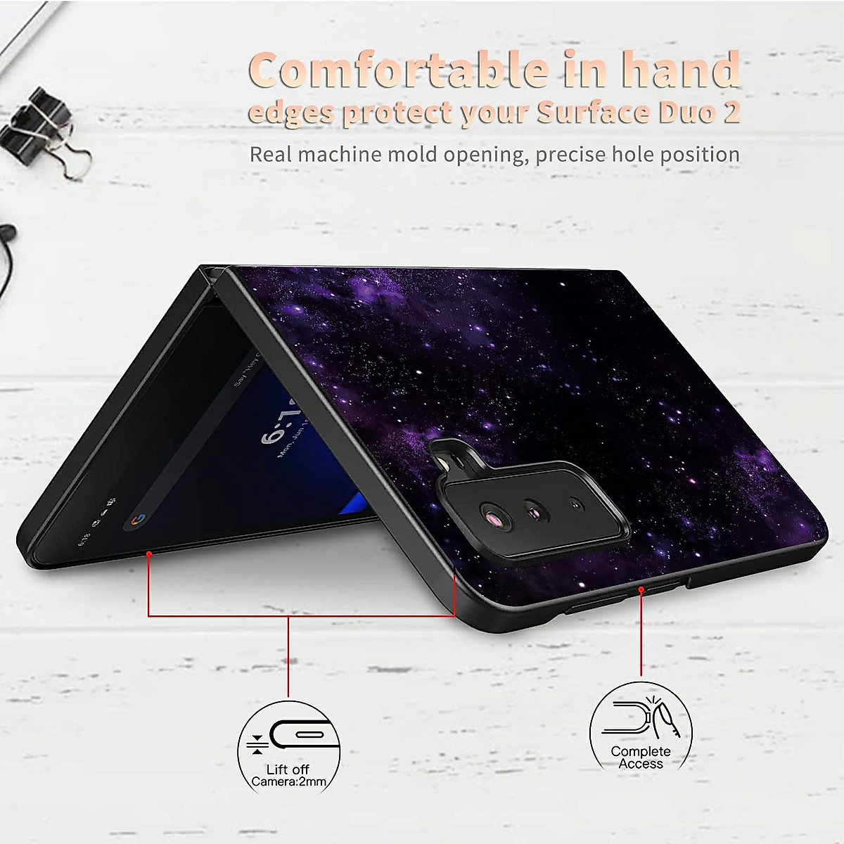 BWEGRHE Purple Galaxy Designed for Microsoft Surface Duo 2 Case, Full Cover Ultra Thin PU Leather Back Hard PC Phone Case for Microsoft Surface Duo 2 2nd 2021