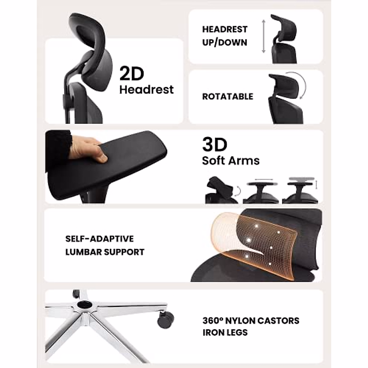 Dripex Ergonomic Office Chair - High Back Desk Chair with 3D Armrest/Lumbar Support/Headrest/Wheels, Full Mesh Seat Bottom Tilting Computer Chair for Tall People Home Rolling Swivel Chair, Black