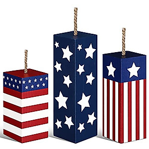 3 Pcs 4th of July Tiered Tray Decor Wooden Firework Sign Rustic Patriotic Fireworks Centerpiece Wood Memorial Day Decorations for Farmhouse Independence Day Home Table Decor (Rectangular)