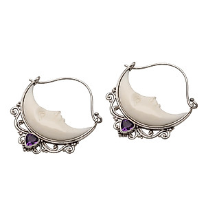 NOVICA Artisan Handmade Amethyst Hoop Earrings Crescent Moon from Bali Bone Sterling Silver Indonesia Birthstone Gemstone Sun [1.4 in L x 0.2 in W x 1.2 in D] ' Sleeping Moons'