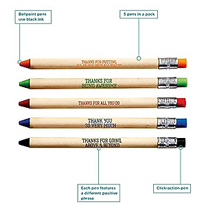 Cheersville 5 Pack of Pencil Lookalike Pens With Motivational Quotes - Ballpoint Black Ink Teacher Office Supplies Teamwork Environmentally Friendly and Biodegradable - Gift for Employee