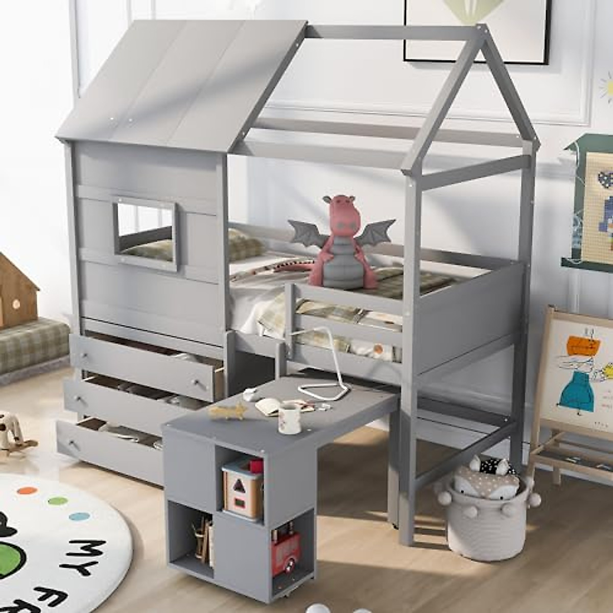Twin Size House Loft Bed with Storage Desk and 3 Drawer Chest, Wood Loft Bed with Safety Guard Rails, Multi-Functional Loft Bed for Kids Boys Girls Teens Bedroom, Maximize Space Savings (Gray 014)
