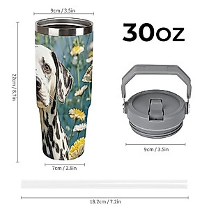 RTFGHJS Cute Dalmatian 30 Oz Tumbler with Handle And Flip Straw, Stainless Steel Vacuum Insulated Travel Mug, Thermal Cup for Coffee, Water, Iced Drinks, Fits Car Cup Holders (Home, Sports)