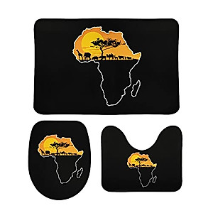 African Animals Over Map of Africa Bathroom Rugs Set 3 Piece Non-Slip Mat Rectangular Floor mat U Shaped Mat O Shaped Toilet Lid Cover 20"x32"