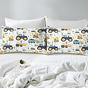 Excavator Tractor Bed Sheets King,Construction Vehicles Sheet Set for Kids Girls Teens Bedroom,Cartoon Car Toddler Bed Sheet with 2 Pillowcases,Equipment Trucks Sheets Boys Truck Room Decor