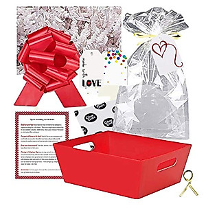 Gift Basket Making Kit Do It Yourself Diy Build Your Own Gift Basket Matching Supplies Market Tray Basket Cellophane Bag Shredded Crinkle Paper Ribbon Pull Bow (RED AND WHITE, X-LARGE)