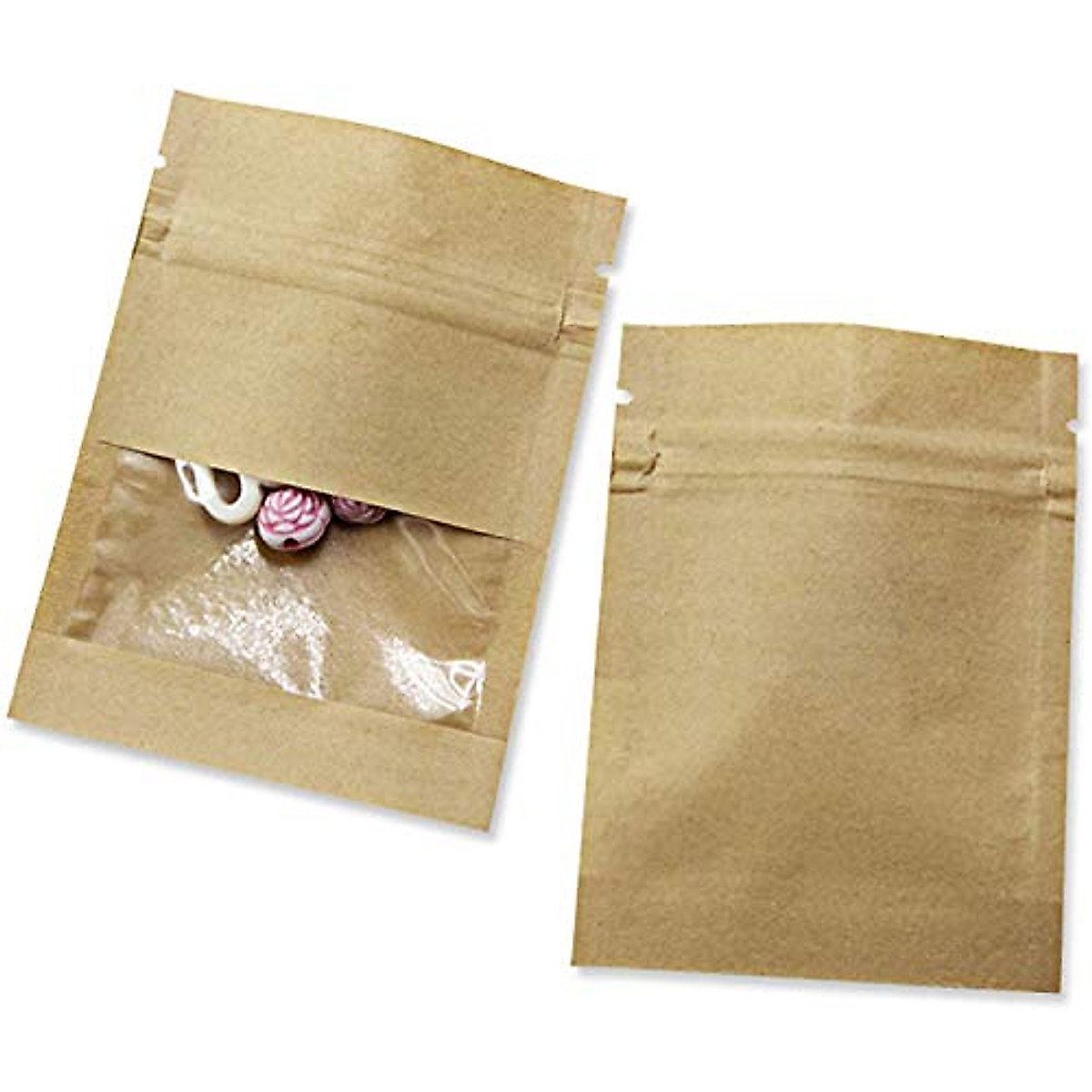 100PCS Clear Window Airtight Brown Kraft Paper for Food Storage Zipper Packaging Bags Resealable Heat Seal Pouch Smell Proof Sample Coffee (Brown,5.1x7.08 Inch)