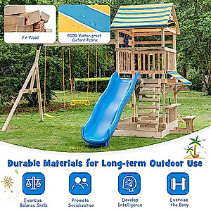 Costzon Wooden Swing Set for Backyard, All Solid Fir Outdoor Play Center with Swings, Wave Slide, Monkey Bars, Climbing Wall, Sandbox, Picnic Table, Heavy-Duty Playground Playset for Kids Toddlers
