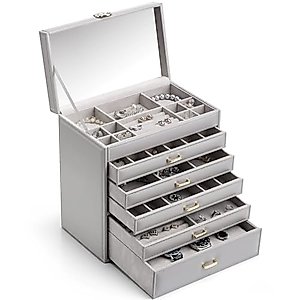 Vlando 6 Tier Large Jewelry Box for Women - Big Jewelry Organizer with Mirror, Jewelry Box Organizer for Drawer Necklace Ring Bracelet and Watch, Gift for Loved Ones Gray