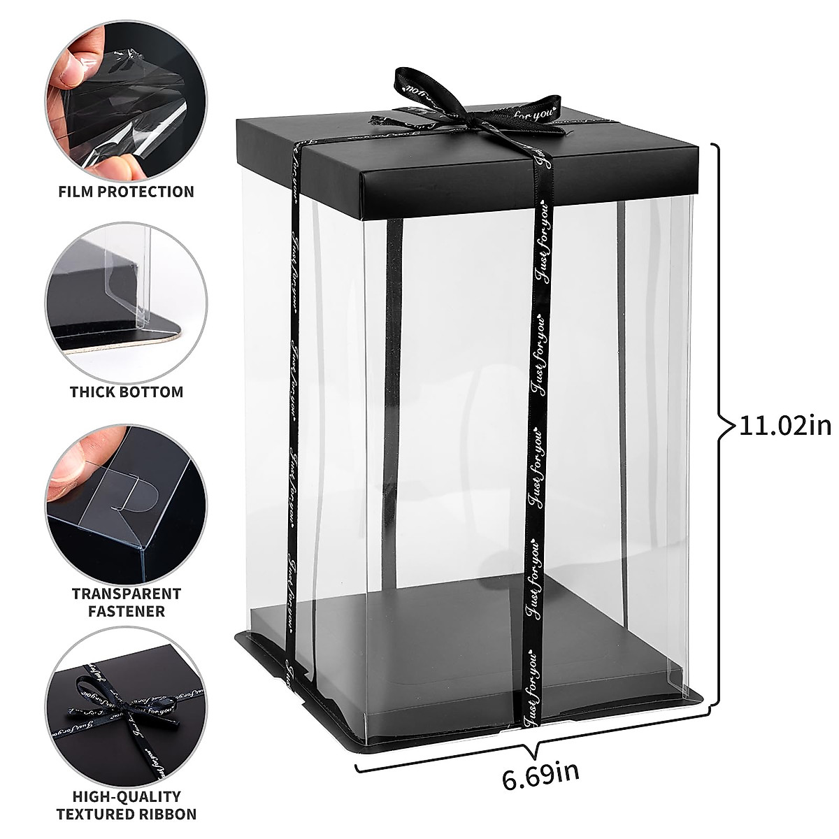 FERGONO 1PC Clear Gift Box, 6.69 x 6.69 x 11.02 inch Transparent Gift Box, Transparent Display Case Gift Boxes with Base, Lid & Ribbon for Wedding, Birthday, Easter Mother's Father's Day Party