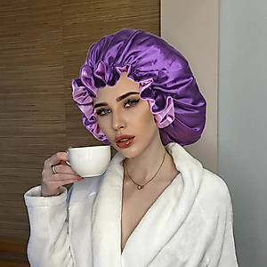 COOLCHI 2 Pieces Satin Bonnet Cap Elastic Double-Layer Silk Sleeping Head Cover for Women Adjustable Lined Hair Wrap for Long Curly Hair (Khaki+Purple)