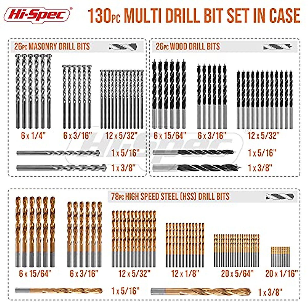 Hi-Spec 130pc Multi SAE Drill Bit Set. 11 Sizes 1/16in to 3/8in. Metal, Wood, Plastic, Dryall, Brick & Concrete Drilling. HSS Titanium, Masonry & Brad Point Steel Bits All in a Tray Case