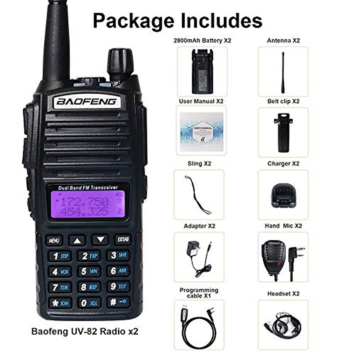 BaoFeng UV-82 High Power BaoFeng Radio Ham Radio Handheld 2 Way Radio Walkie Talkies with Earpiece,Handheld Speaker Mic and Programming Cable (2 Pack-Black)