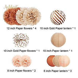 AOBKIAT Fall Boho Party Decorations Set,12PCS Brown Orange Paper Pom Poms Lanterns for Thanksgving Pumpkin Party,Natural Baby Shower,Bridal Shower,Engagement,Class School Office Decor