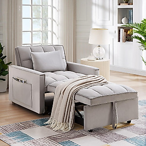 Sleeper Sofa Chair Bed, Convertible Velvet Single Pull Out Sofa Chair, Modern Tufted Living Room Reading Chair with Adjustable Backrest/Pillow for Small Spaces, Apartment, Office, Grey