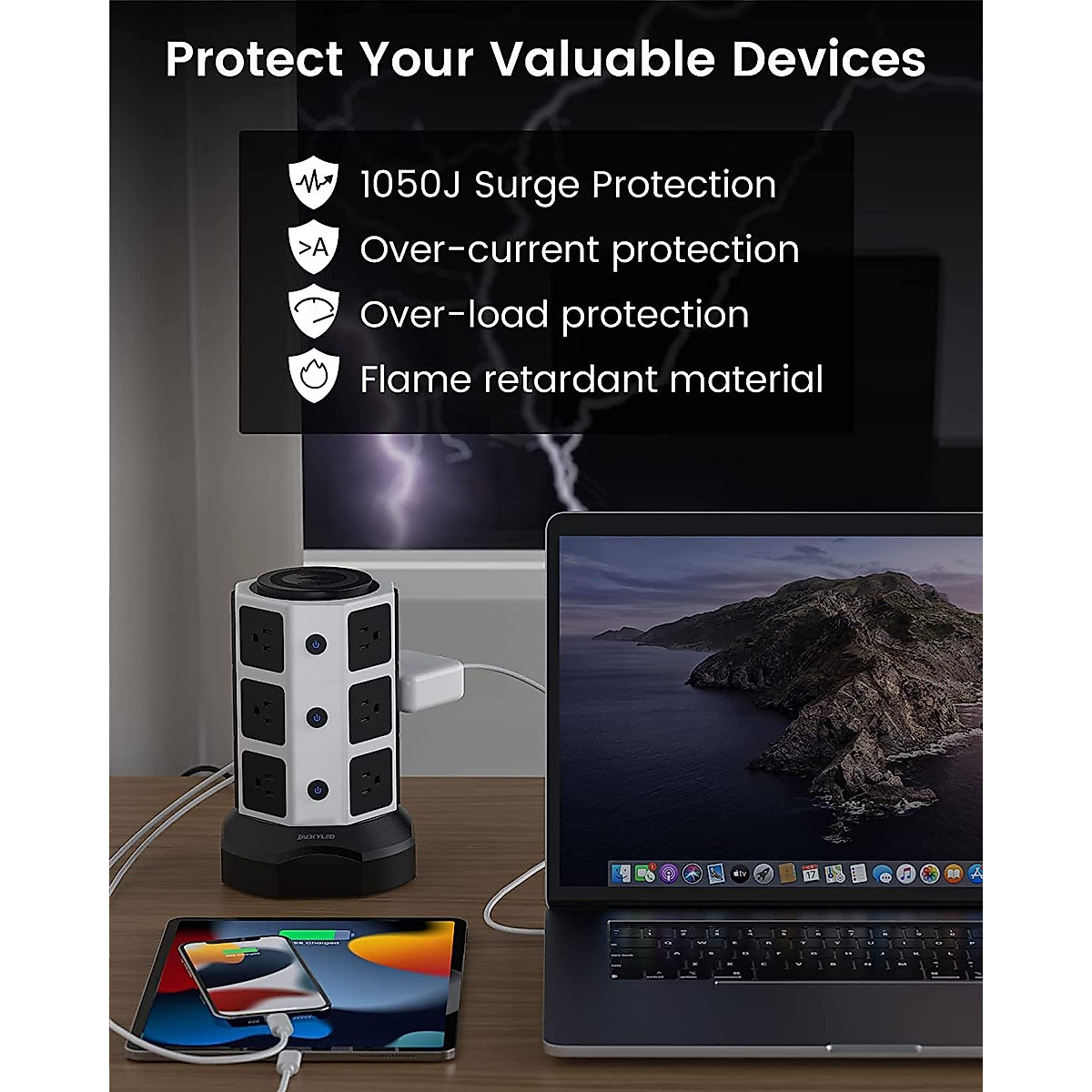 Power Strip Tower with Wireless Charger - Surge Protector with USB, JACKYLED Electric Outlet 13A 10 AC Outlets 4 USB Ports 6.5ft Extension Cord for School Dorm Office Home Desktop Computer White Black